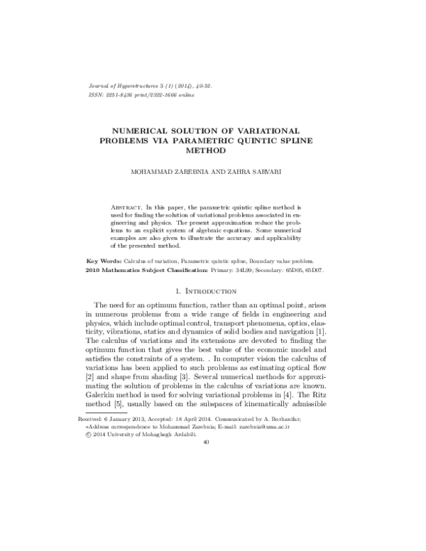 Pdf Numerical Solution Of Variational Problems Via Parametric Quintic Spline Method