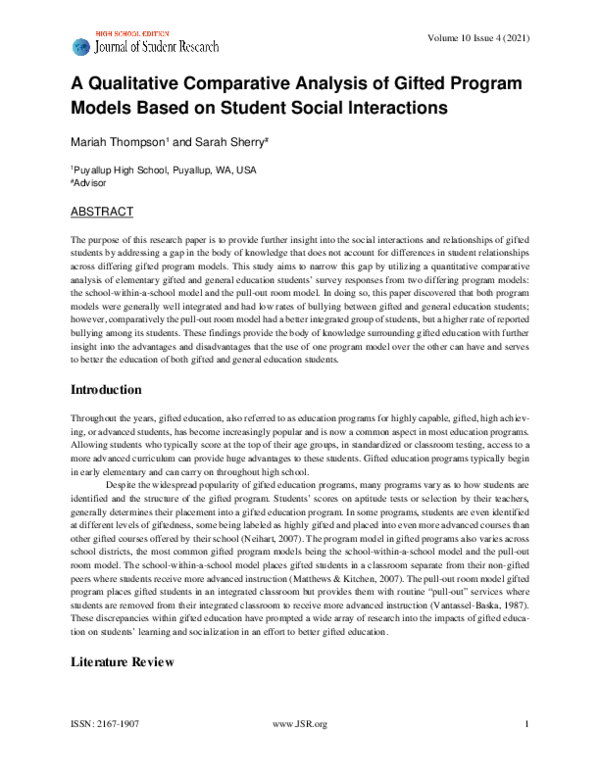(PDF) A Qualitative Comparative Analysis of Gifted Program Models Based on Student Social ...