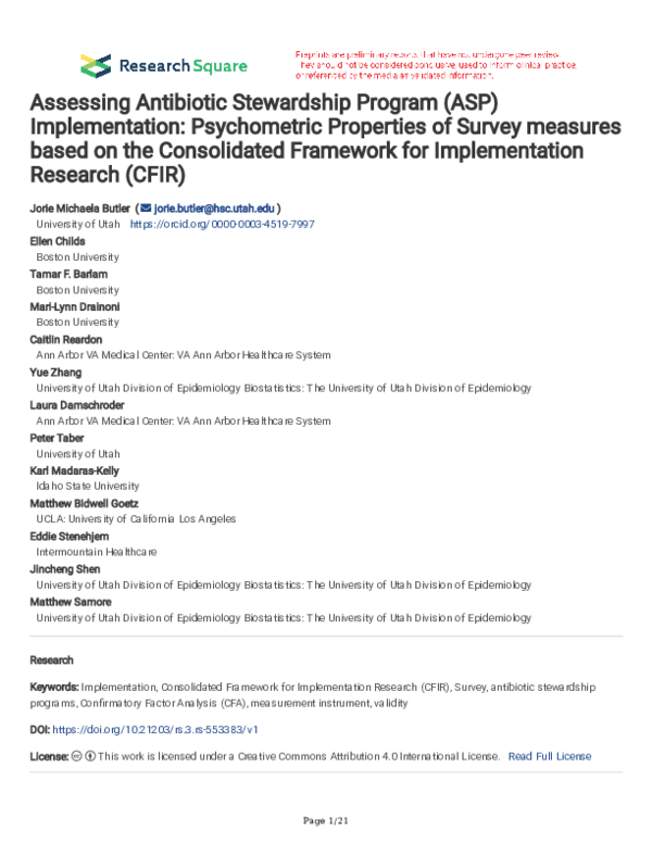 Assessing Antibiotic Stewardship Program (ASP) Implementation: Psychometric Properties of Survey ...