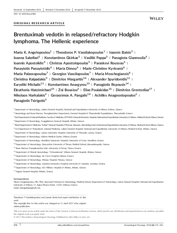 (PDF) Brentuximab vedotin in relapsed/refractory Hodgkin lymphoma. The Hellenic experience