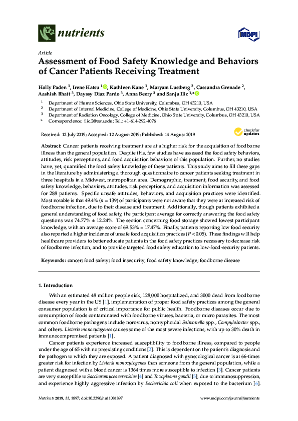 (PDF) Assessment of Food Safety Knowledge and Behaviors of Cancer ...