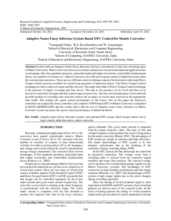 (PDF) Adaptive Neuro Fuzzy Inference System Based DTC Control for Matrix Converter