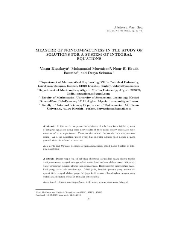 (PDF) Measure of Non-Compactness in The Study of Solutions for A System of Integral Equations