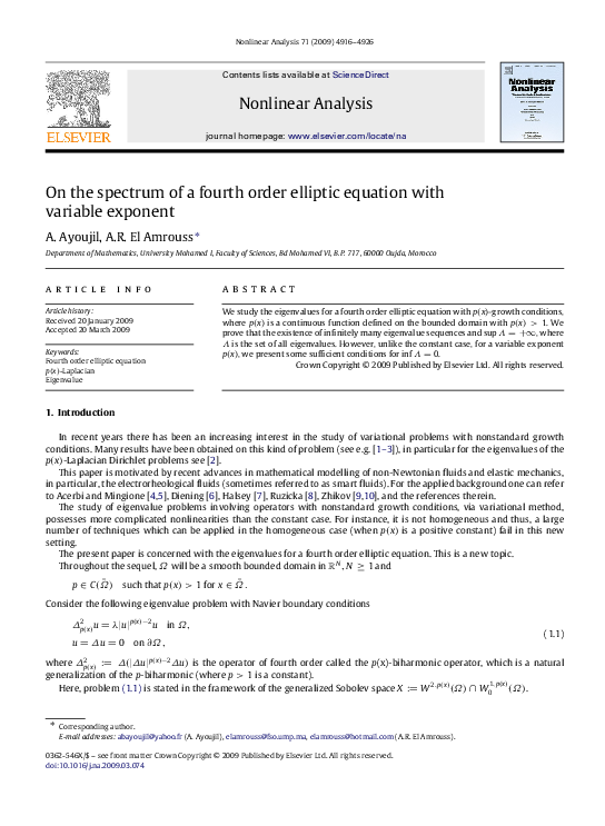 (PDF) On the spectrum of a fourth order elliptic equation with variable ...
