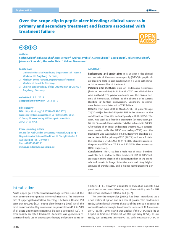 (PDF) Over-the-scope clip in peptic ulcer bleeding: clinical success in ...
