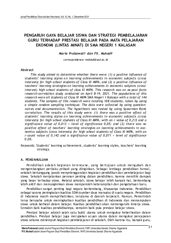 (PDF) Pengaruh Gaya Belajar Siswa Dan Strategi Pembelajaran Guru Terhadap Prestasi Belajar Pada ...