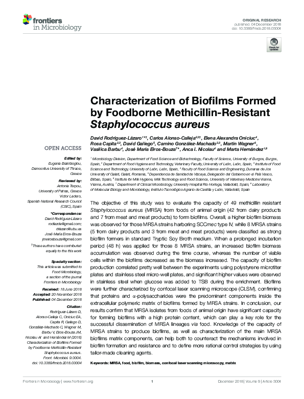 Characterization of Biofilms Formed by Foodborne Methicillin-Resistant Staphylococcus aureus