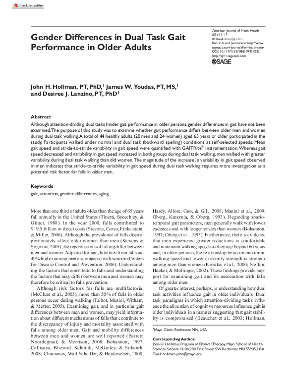(PDF) Gender Differences in Dual Task Gait Performance in Older Adults