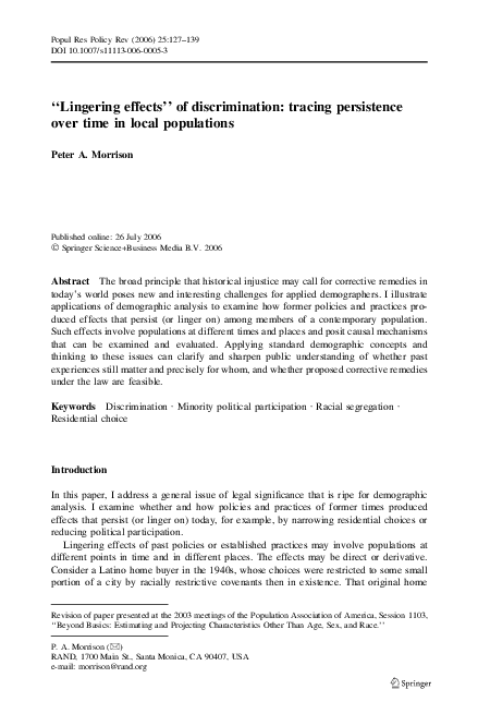 (PDF) “Lingering effects” of discrimination: tracing persistence over time in local populations