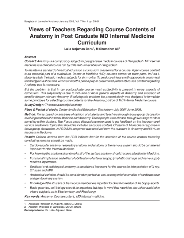 (PDF) Views of Teachers Regarding Course Contents of Anatomy in Post ...