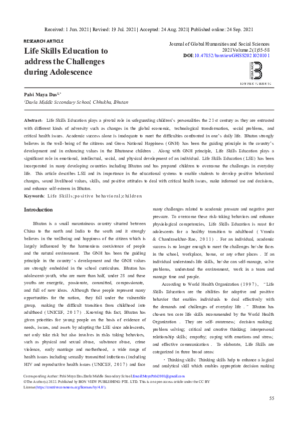 (PDF) Life Skills Education to address the Challenges during Adolescence