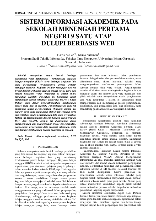 (PDF) SISTEM INFORMASI AKADEMIK PADA SEKOLAH MENENGAH PERTAMA NEGERI 9 SATU ATAP DULUPI BERBASIS WEB