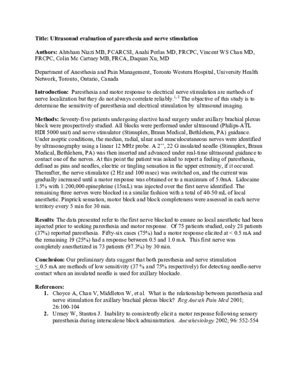 (PDF) Ultrasound evaluation of paresthesia and nerve stimulation