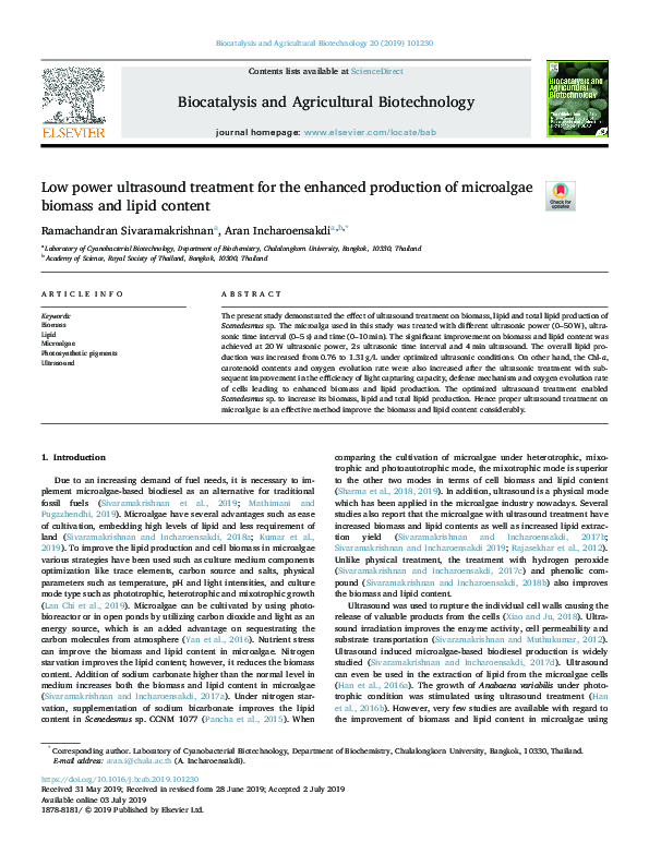 (PDF) Low power ultrasound treatment for the enhanced production of microalgae biomass and lipid ...