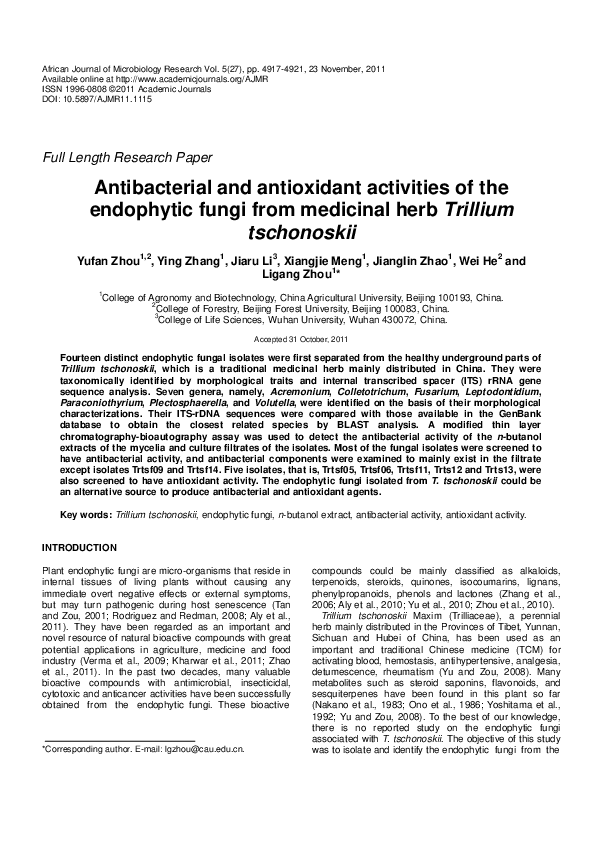 (PDF) Antibacterial and antioxidant activities of the endophytic fungi from medicinal herb ...