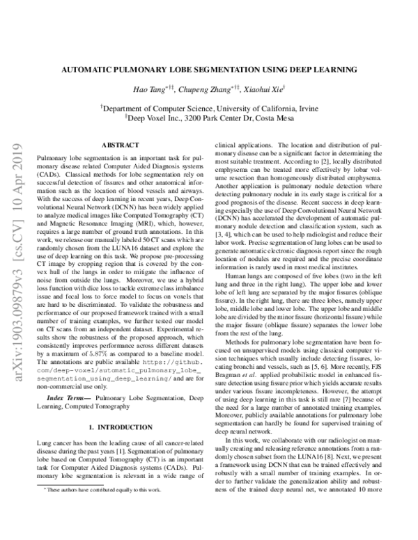 (PDF) Automatic Pulmonary Lobe Segmentation Using Deep Learning
