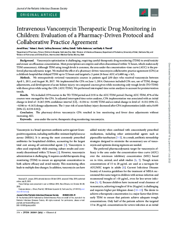 (PDF) Intravenous Vancomycin Therapeutic Drug Monitoring in Children ...