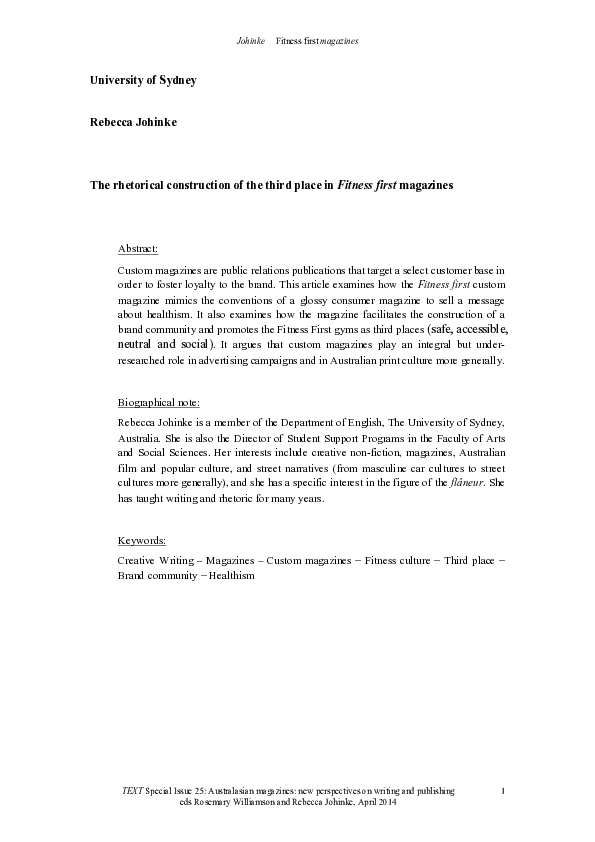 (PDF) The rhetorical construction of the third place in Fitness first ...