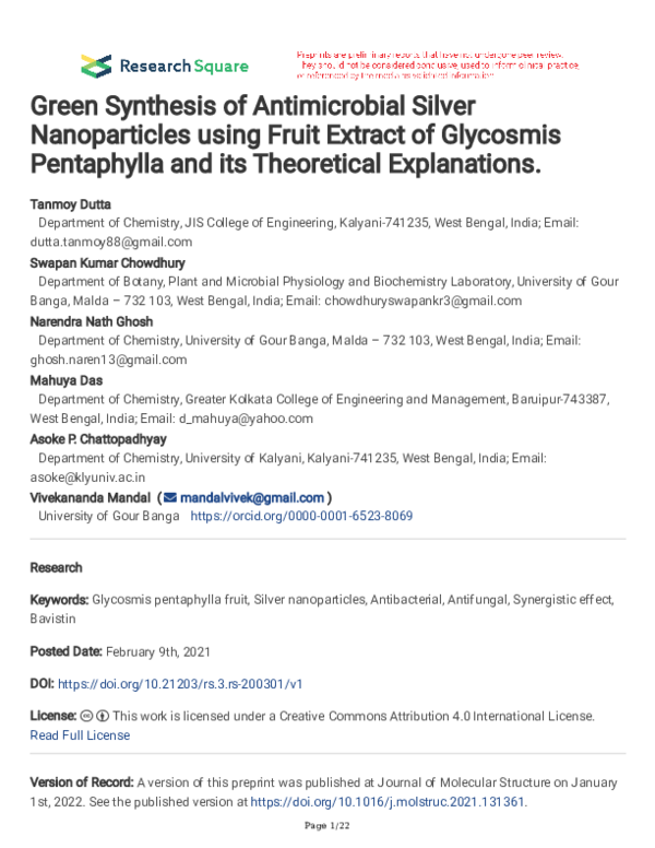 (PDF) Green synthesis of antimicrobial silver nanoparticles using fruit extract of Glycosmis ...