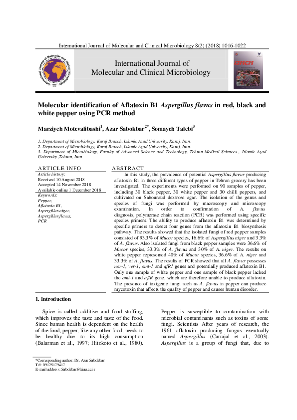 (PDF) Molecular identification of Aflatoxin B1 Aspergillus flavus in ...