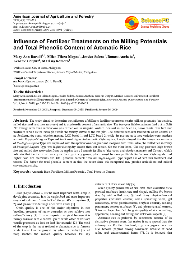 (PDF) Influence of Fertilizer Treatments on the Milling Potentials and Total Phenolic Content of ...