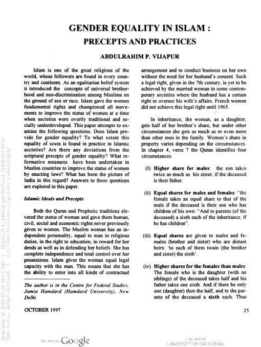 (PDF) GENDER EQUALITY IN ISLAM : PRECEPTS AND PRACTICES