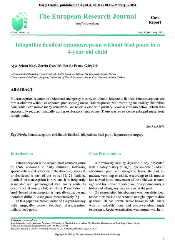 (PDF) Idiopathic ileoileal intussusception without lead point in a 4 ...
