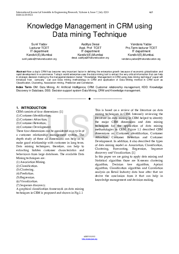 (PDF) Knowledge Management in CRM using Data mining Technique