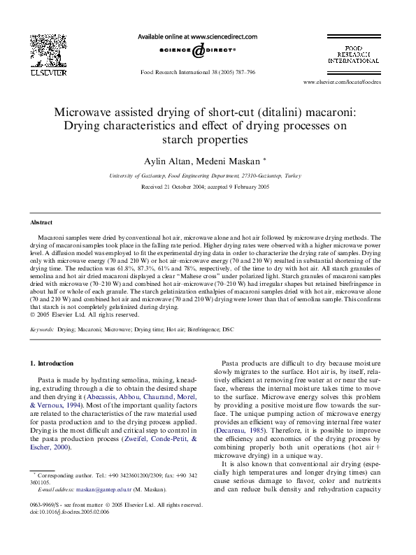 (PDF) Microwave Assisted Drying of Short-Cut (Ditalini) Macaroni: Cooking Process and Textural ...
