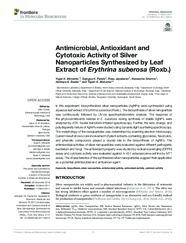 (PDF) Antimicrobial, Antioxidant and Cytotoxic Activity of Silver Nanoparticles Synthesized by ...