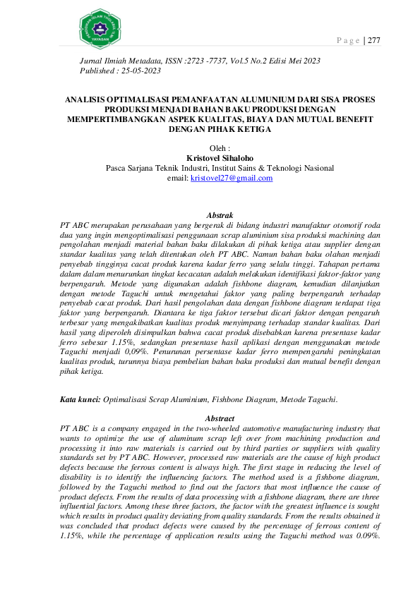 (PDF) Analisis Optimalisasi Pemanfaatan Alumunium Dari Sisa Proses Produksi Menjadi Bahan Baku ...