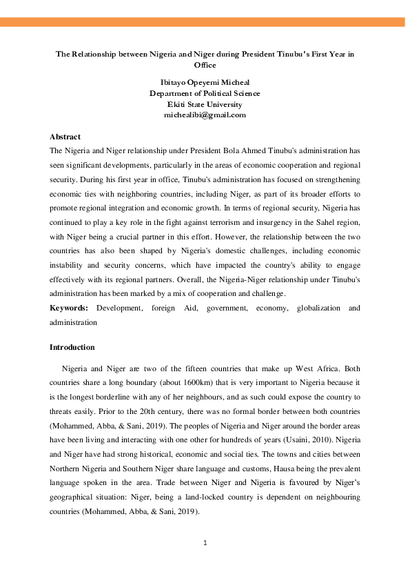 (PDF) The Relationship between Nigeria and Niger during President ...