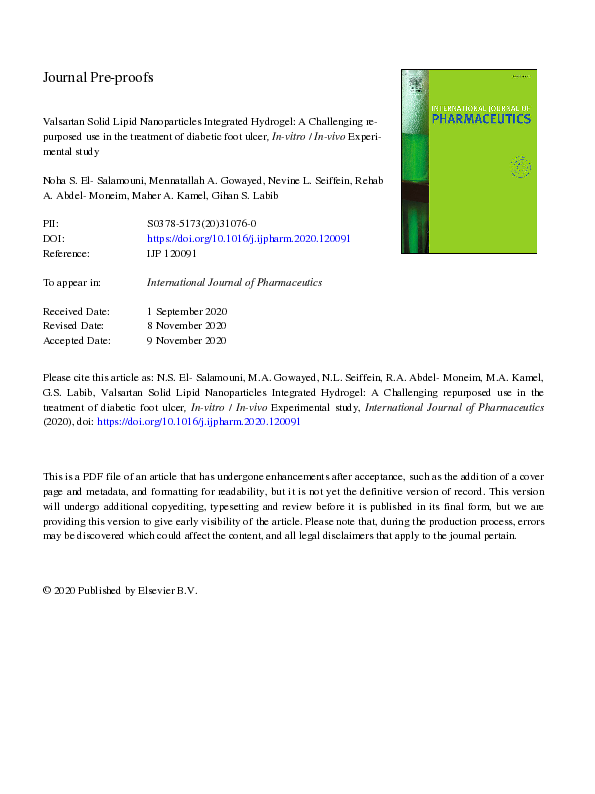 Pdf Valsartan Solid Lipid Nanoparticles Integrated Hydrogel A Challenging Repurposed Use In