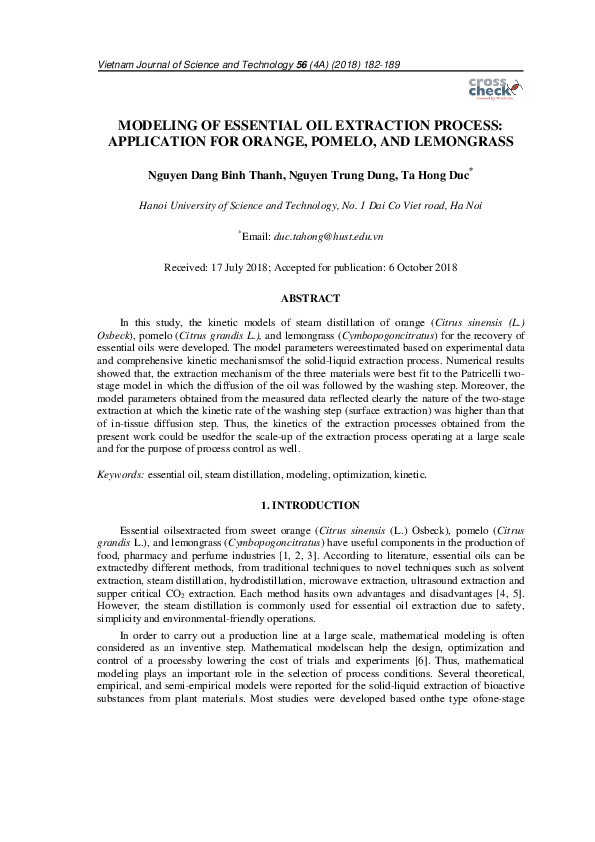 (PDF) Modeling of Essential Oil Extraction Process: Application for Orange, Pomelo, and Lemongrass