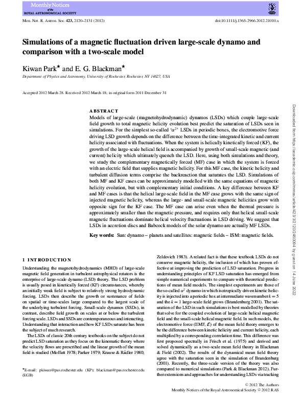 (PDF) Simulations of a magnetic fluctuation driven large-scale dynamo and comparison with a two ...