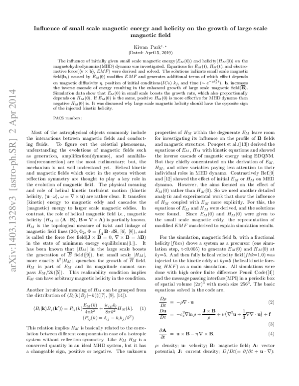 (PDF) Influence of small scale magnetic energy and helicity on the growth of large scale ...
