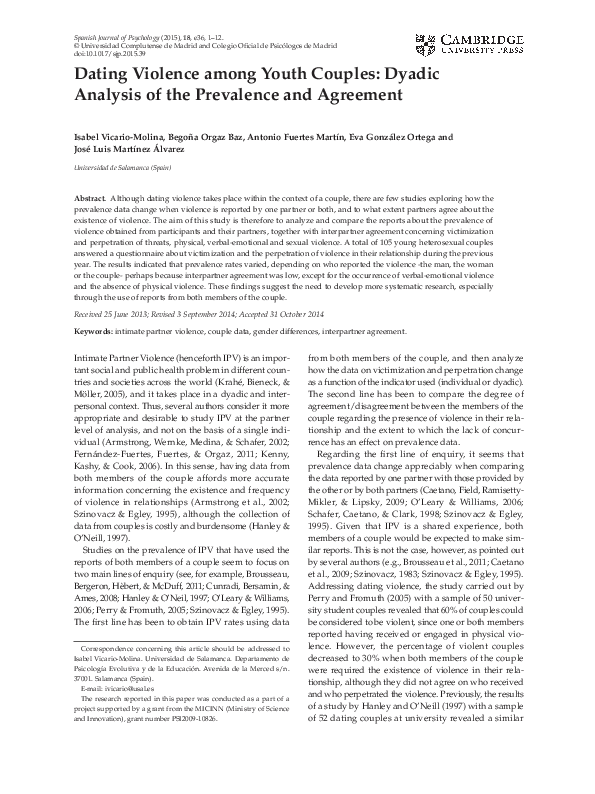 (PDF) Dating Violence among Youth Couples: Dyadic Analysis of the Prevalence and Agreement