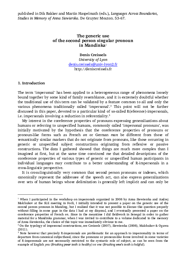 (PDF) The generic use of the second person singular pronoun in Mandinka