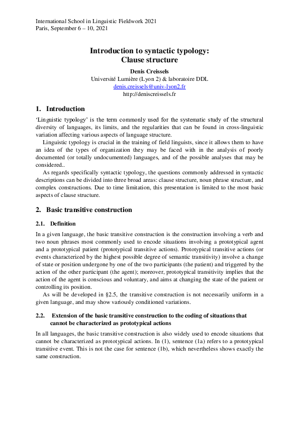 (PDF) Introduction to syntactic typology: Clause structure