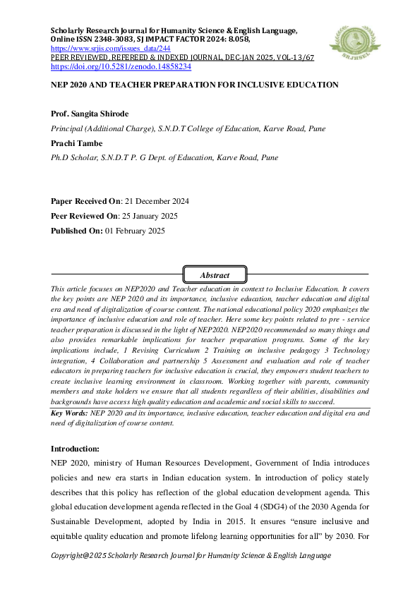 (PDF) NEP 2020 AND TEACHER PREPARATION FOR INCLUSIVE EDUCATION