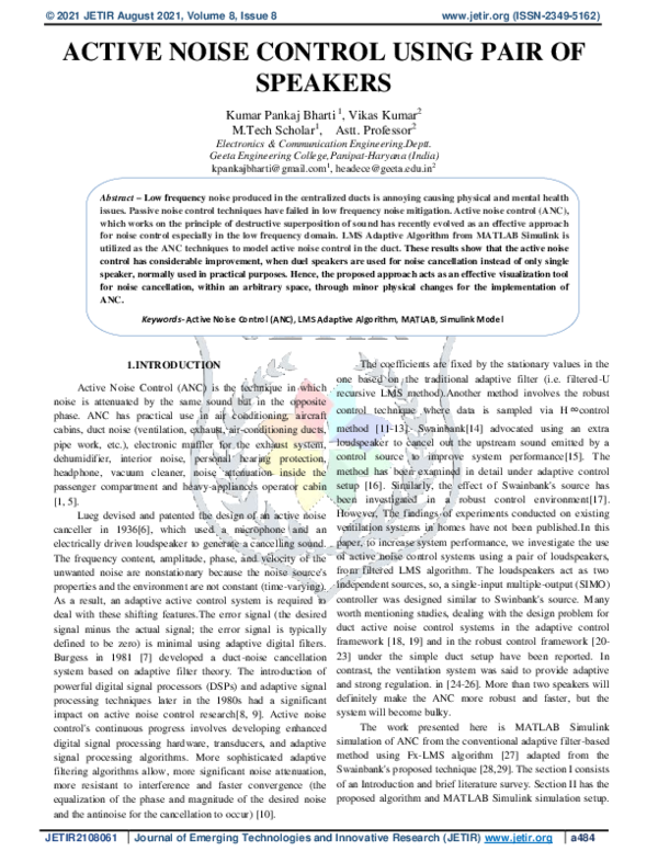 (PDF) Active Noise Control Using Pair of Speakers