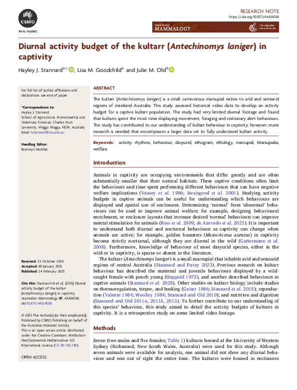 (PDF) Diurnal activity budget of the kultarr (Antechinomys laniger) in ...