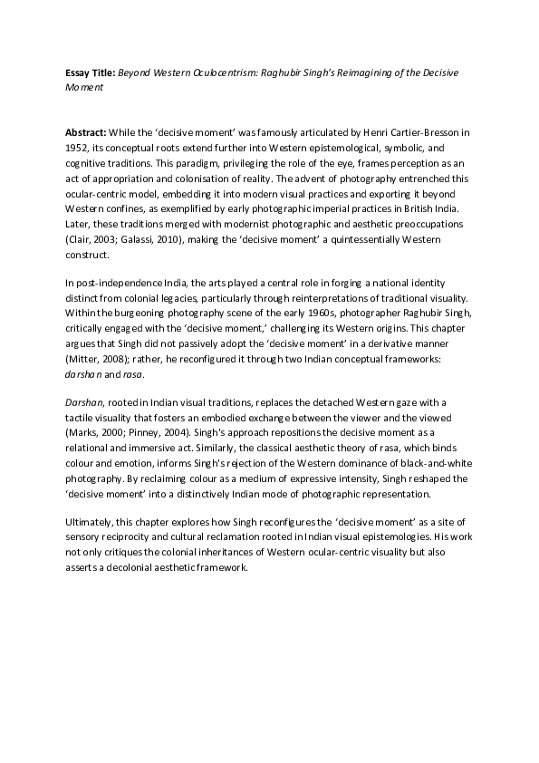 (PDF) Beyond Western Oculocentrism: Raghubir Singh’s Reimagining of the Decisive Moment