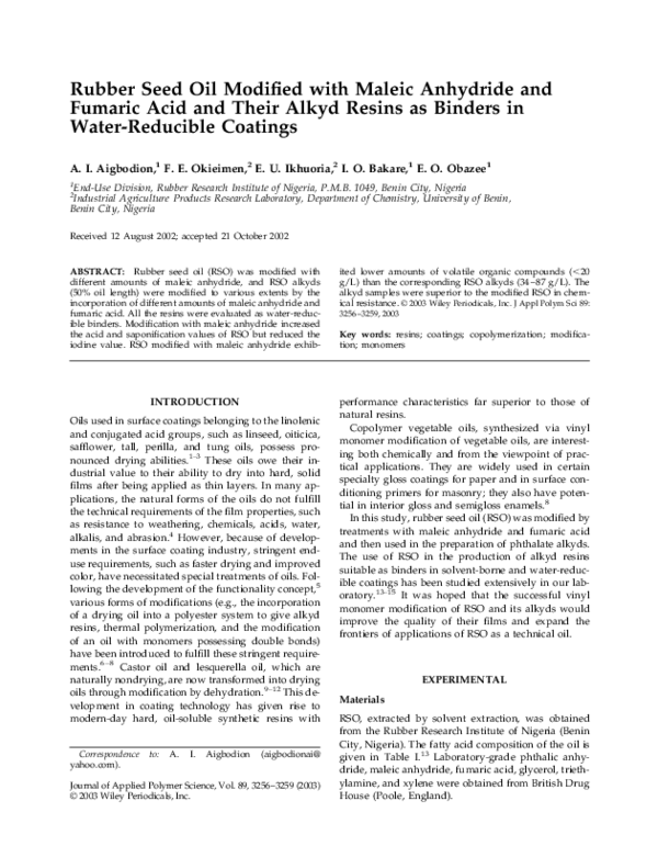 (PDF) Rubber Seed Oil Modified with Maleic Anhydride and Fumaric Acid and Their Alkyd Resins as ...