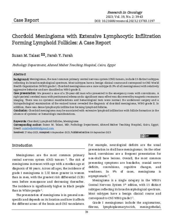 (PDF) Chordoid Meningioma with Extensive Lymphocytic Infiltration Forming Lymphoid Follicles: A ...