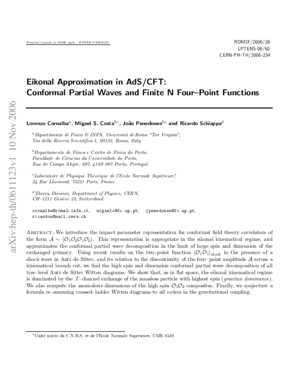 (PDF) Eikonal approximation in AdS/CFT: Conformal partial waves and finite N four-point functions