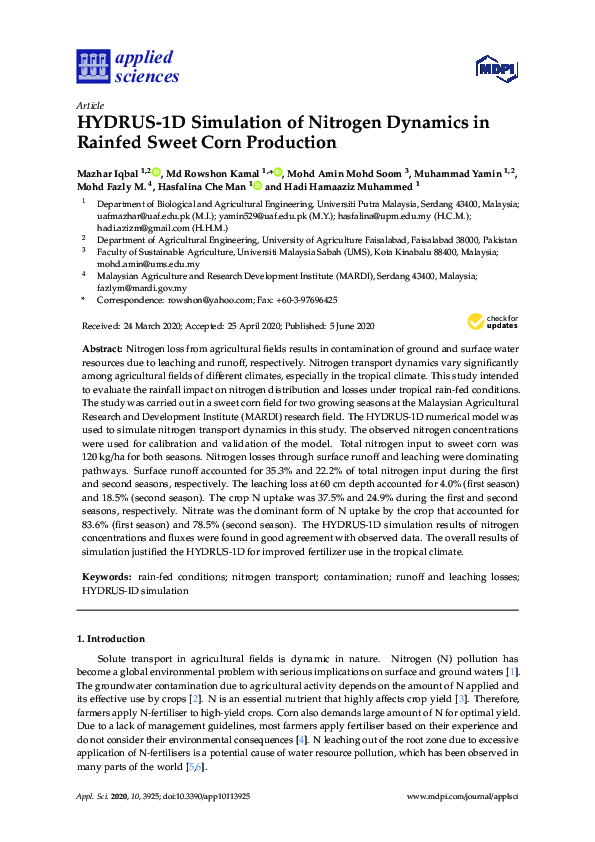 (PDF) HYDRUS-1D Simulation of Nitrogen Dynamics in Rainfed Sweet Corn Production