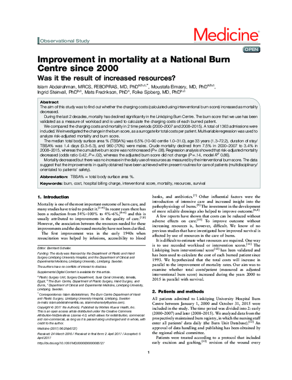 (PDF) Improvement in mortality at a National Burn Centre since 2000: Was it the result of ...