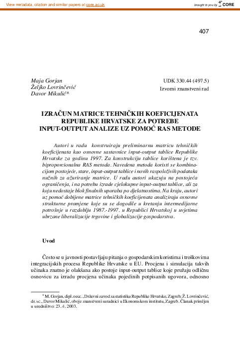 (PDF) Matrix Calculation of Technical Coefficients in the Republic of Croatia for the Purpose of ...