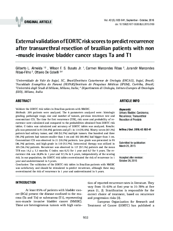(PDF) External validation of EORTC risk scores to predict recurrence after transurethral ...